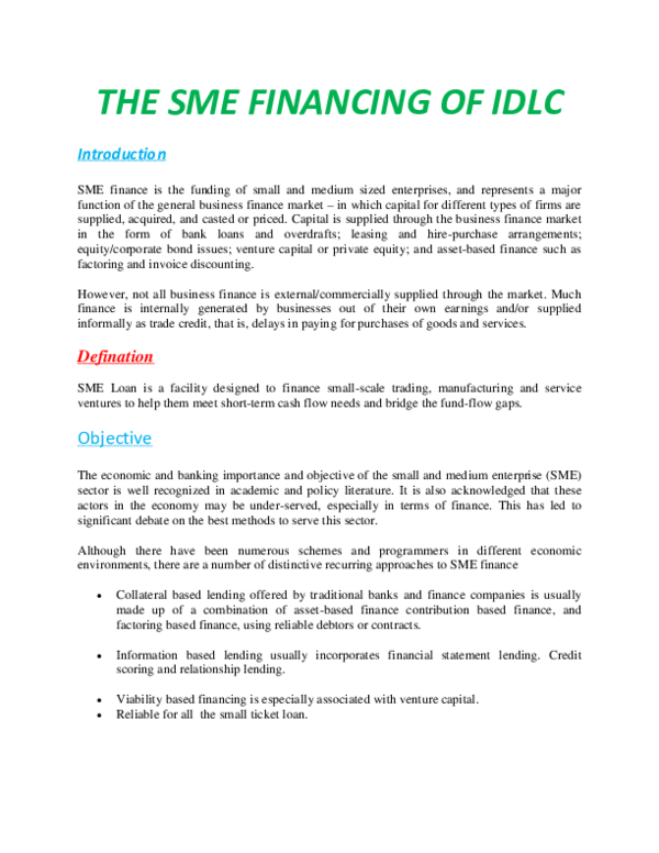 (DOC) THE SME FINANCING OF IDLC Introduction