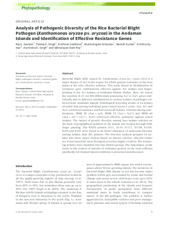(PDF) Analysis of Pathogenic Diversity of the Rice Bacterial Blight ...