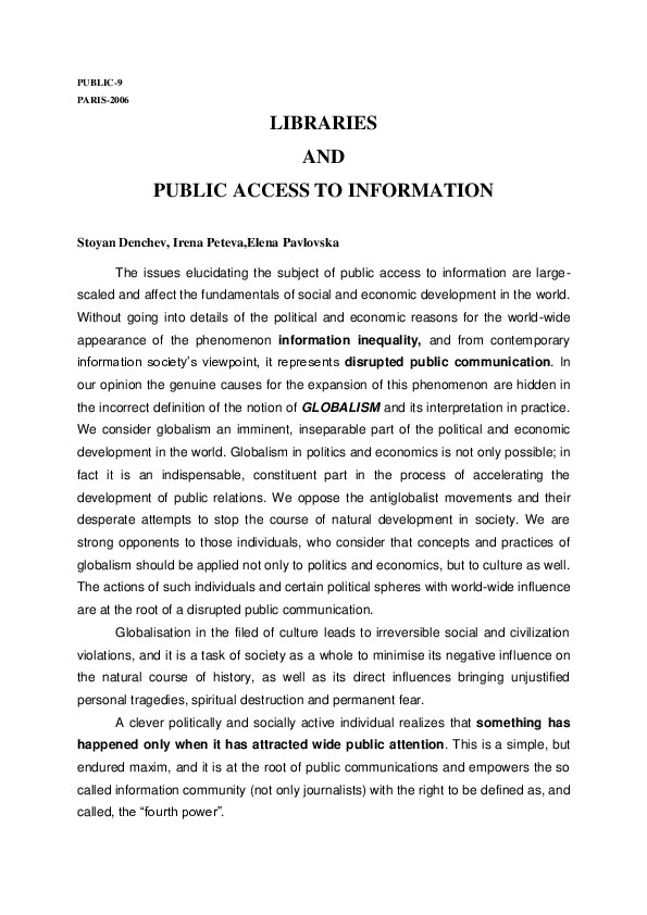 (PDF) LIBRARIES AND PUBLIC ACCESS TO INFORMATION