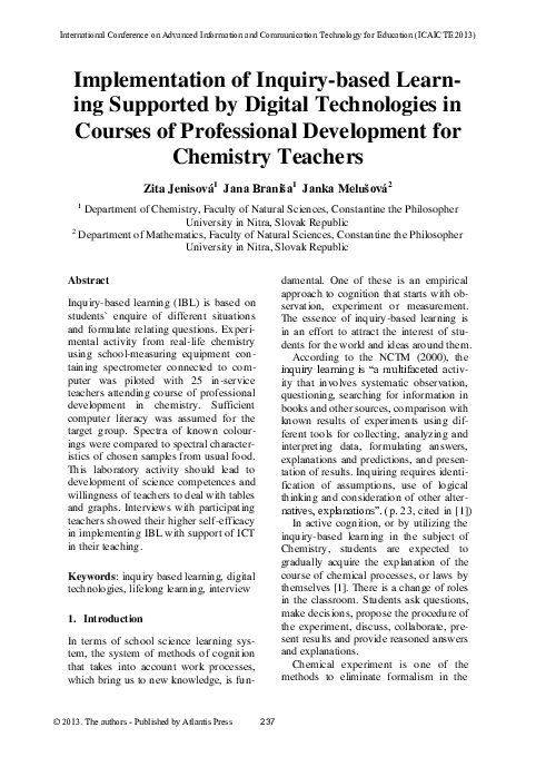 Pdf Implementation Of Inquiry Based Learning Supported By Digital Technologies In Courses Of