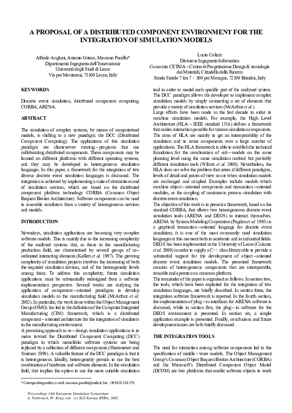 Pdf A Proposal Of A Distributed Component Environment For The Integration Of Simulation Models