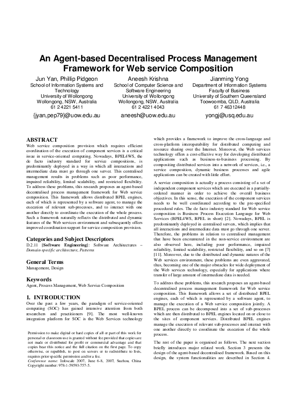 Pdf An Agent Based Decentralised Process Management Framework For Web Service Composition