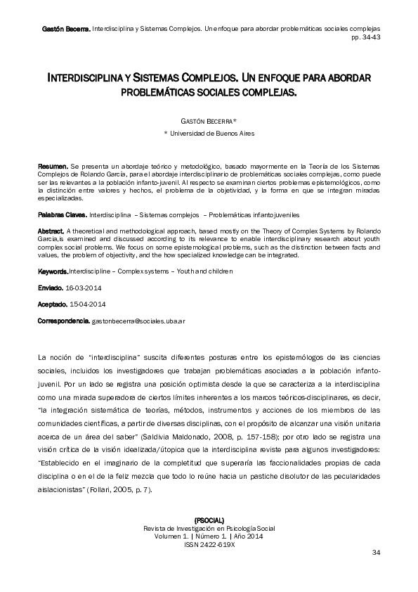 (PDF) Interdisciplina y sistemas complejos. Un enfoque para abordar problemáticas sociales ...
