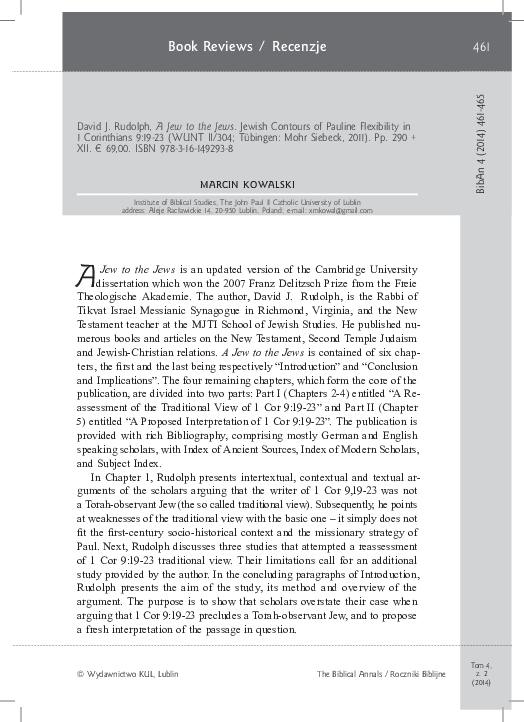 (PDF) Book Reveiew David J. Rudolph, A Jew to the Jews. Jewish Contours ...