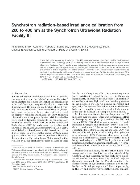 (PDF) Synchrotron radiation-based irradiance calibration from 200 to 400 nm at the Synchrotron ...
