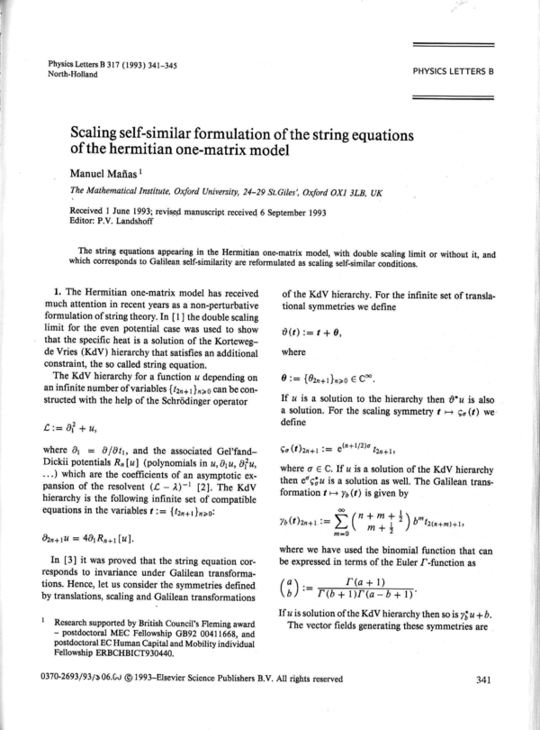 Pdf Scaling Self Similar Formulation Of The String Equations Of The Hermitian One Matrix Model