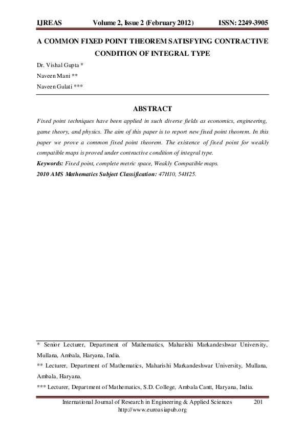 Pdf A Common Fixed Point Theorem Satisfying Contractive Condition Of Integral Type