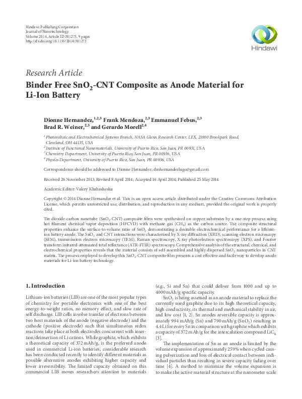 (PDF) Binder Free SnO2-CNT Composite as Anode Material for Li-Ion Battery