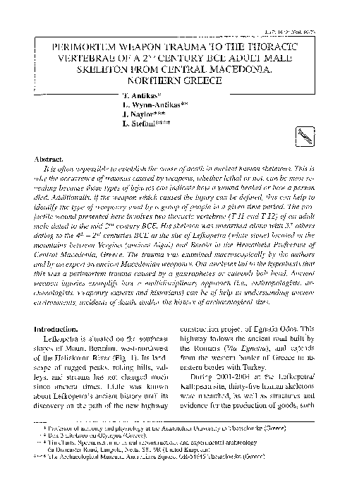 2004. Perimortem weapon trauma to the thoracic vertebrae of a 2nd ...