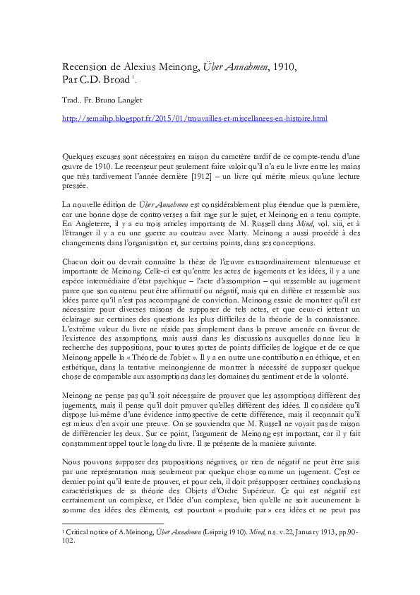 (PDF) Recension de Meinong "Über Annahmen" par C.D. Broad