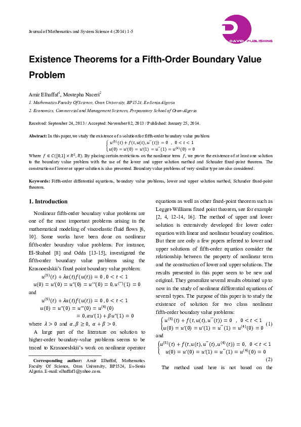 (PDF) Existence Theorems for a Fifth-Order Boundary Value Problem