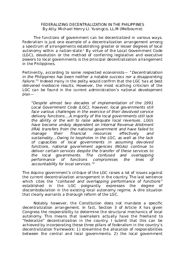 (DOC) FEDERALIZING DECENTRALIZATION IN THE PHILIPPINES