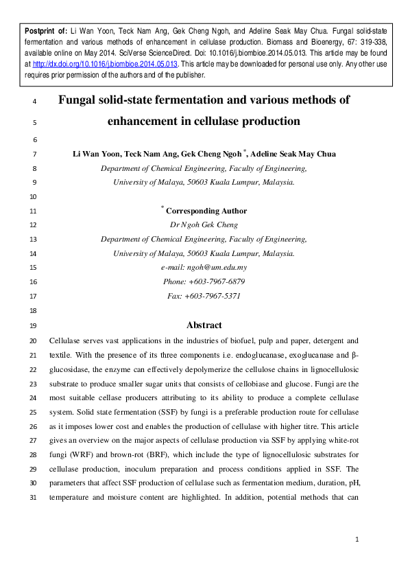 Pdf Fungal Solid State Fermentation And Various Methods Of Enhancement In Cellulase Production