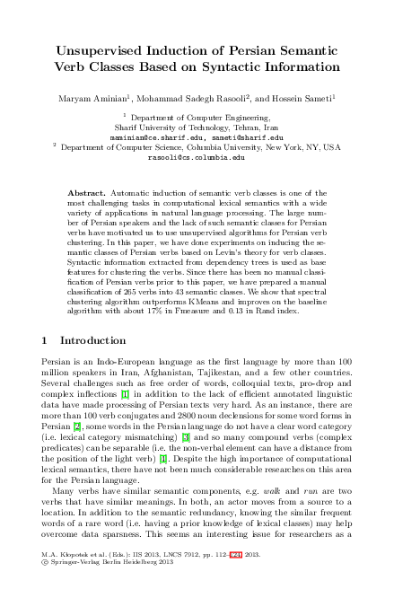 Pdf Unsupervised Induction Of Persian Semantic Verb Classes Based On