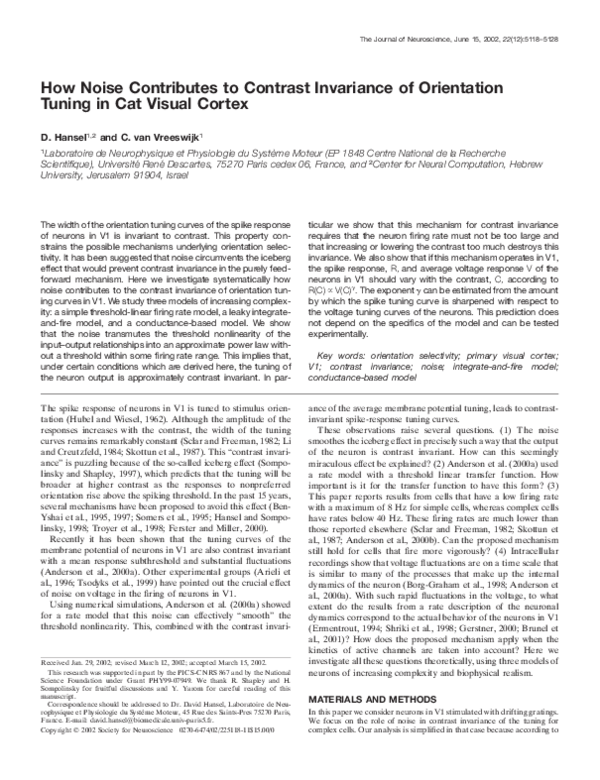 Pdf How Noise Contributes To Contrast Invariance Of Orientation Tuning In Cat Visual Cortex