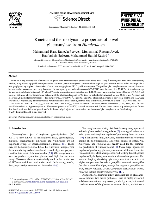 (PDF) Kinetic and thermodynamic properties of novel glucoamylase from ...
