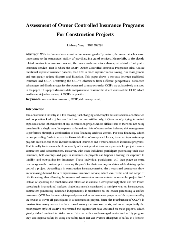 (PDF) Assessment of Owner Controlled Insurance Programs For ...