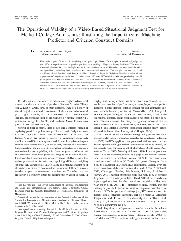 Pdf The Operational Validity Of A Video Based Situational Judgment