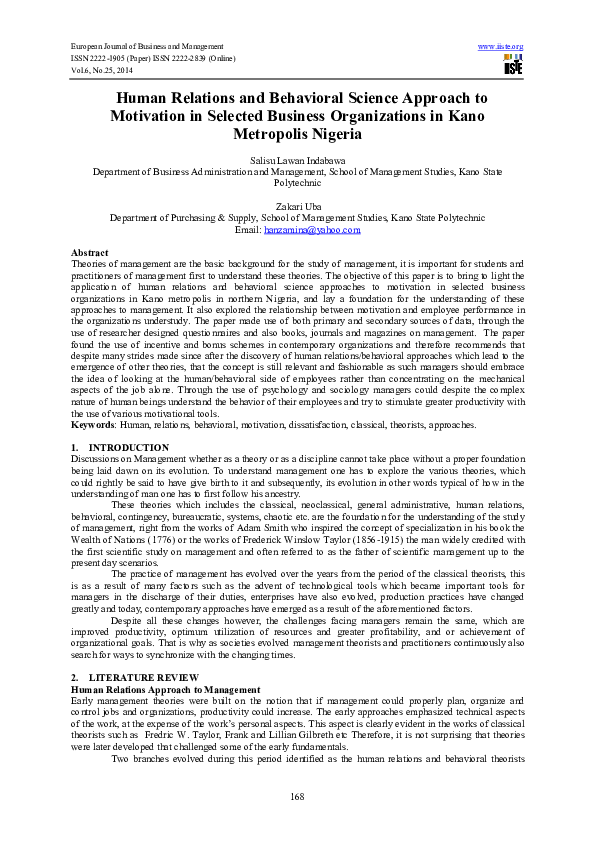 (PDF) HUMAN RELATIONS AND BEHAVIORAL SCIENCE APPROACH TO MOTIVATION IN ...