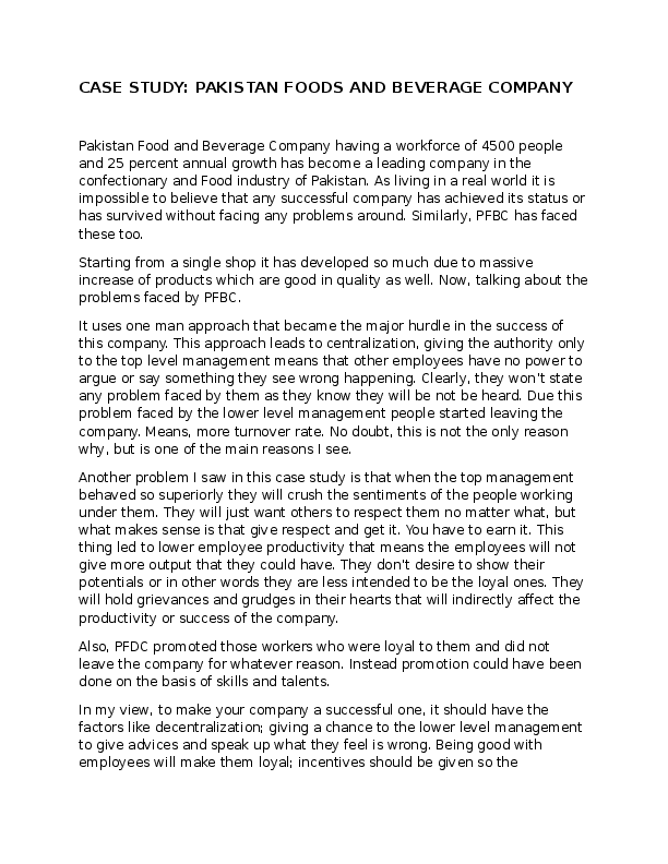 (DOC) CASE STUDY: PAKISTAN FOODS AND BEVERAGE COMPANY