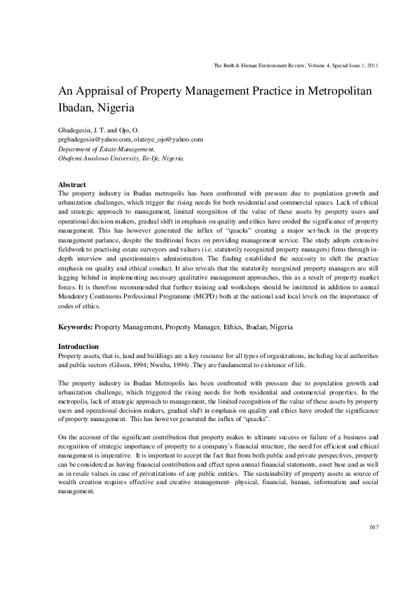 (PDF) An Appraisal of Property Management Practice in Metropolitan ...