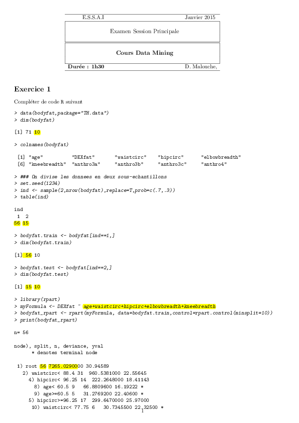 (PDF) Examen data Mining, Janvier 2015 + correction