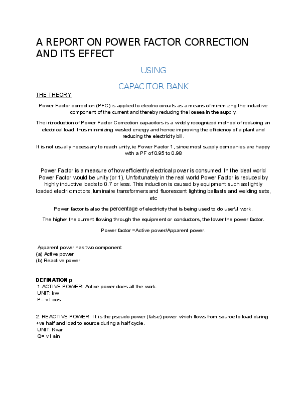 (DOC) A REPORT ON POWER FACTOR CORRECTION AND ITS EFFECT USING ...