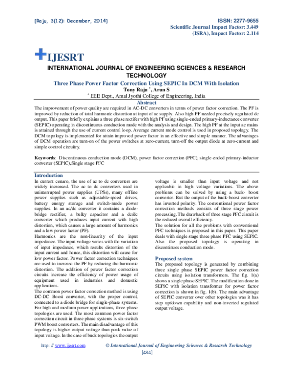 Pdf Three Phase Power Factor Correction Using Sepic In Dcm With Isolation