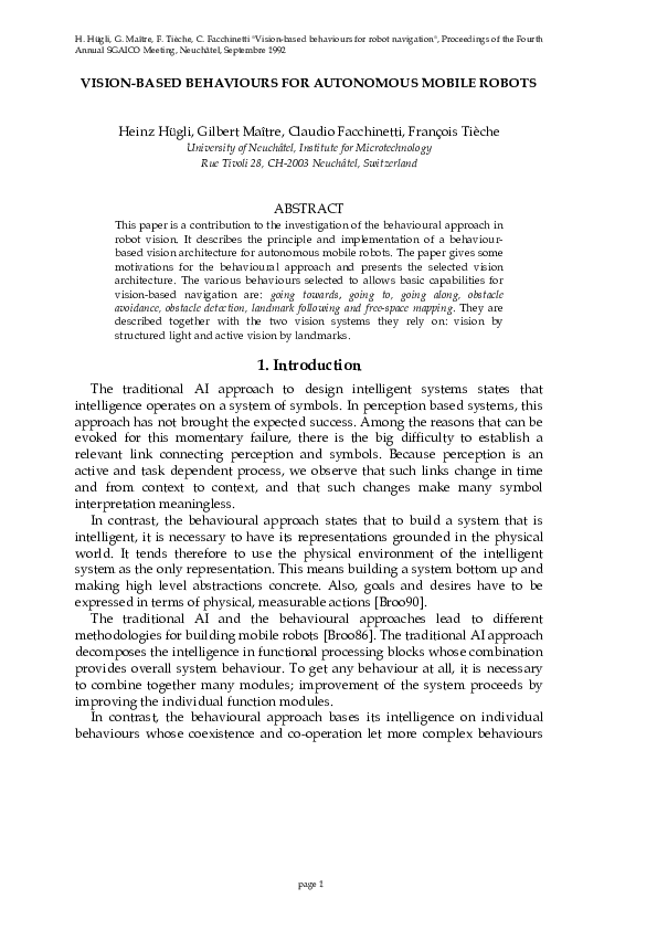 (PDF) VISION-BASED BEHAVIOURS FOR AUTONOMOUS MOBILE ROBOTS