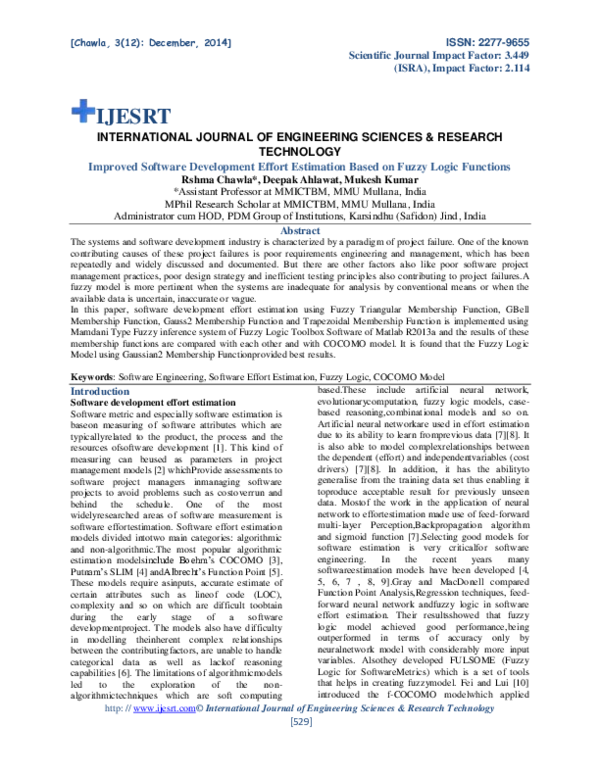 Pdf Improved Software Development Effort Estimation Based On Fuzzy Logic Functions