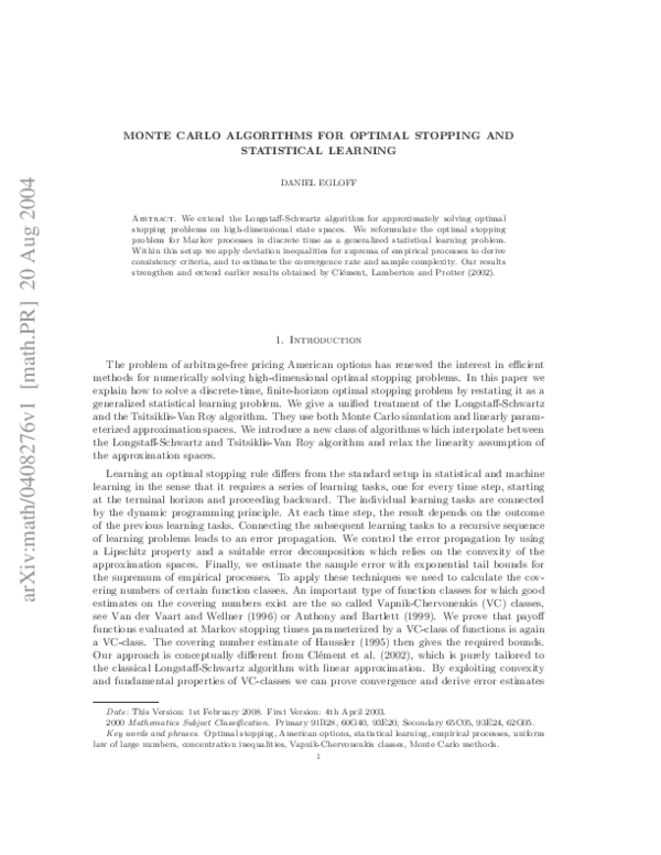 Pdf Monte Carlo Algorithms For Optimal Stopping And Statistical Learning