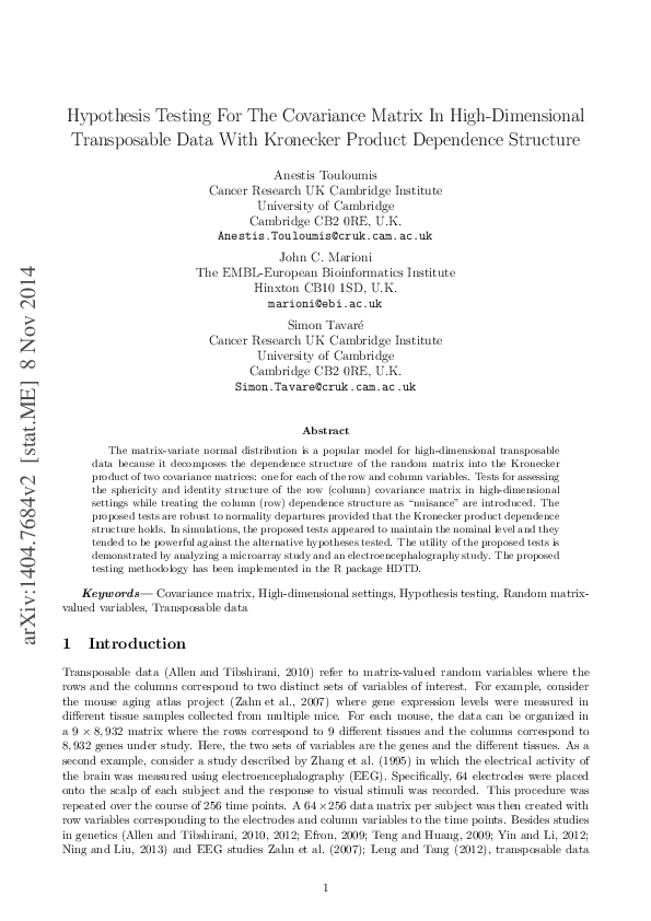 Pdf Hypothesis Testing For The Covariance Matrix In High Dimensional