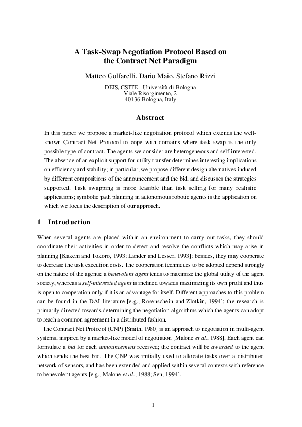 Pdf A Task Swap Negotiation Protocol Based On The Contract Net Paradigm