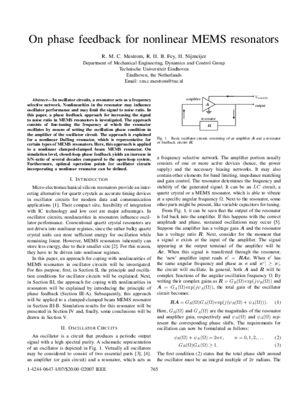 Pdf On Phase Feedback For Nonlinear Mems Resonators