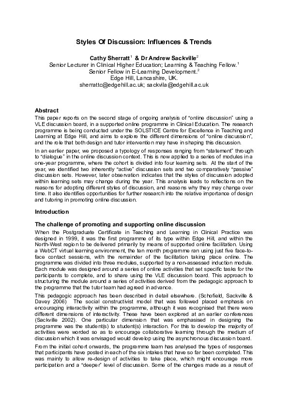 (PDF) Styles Of Discussion: Influences & Trends