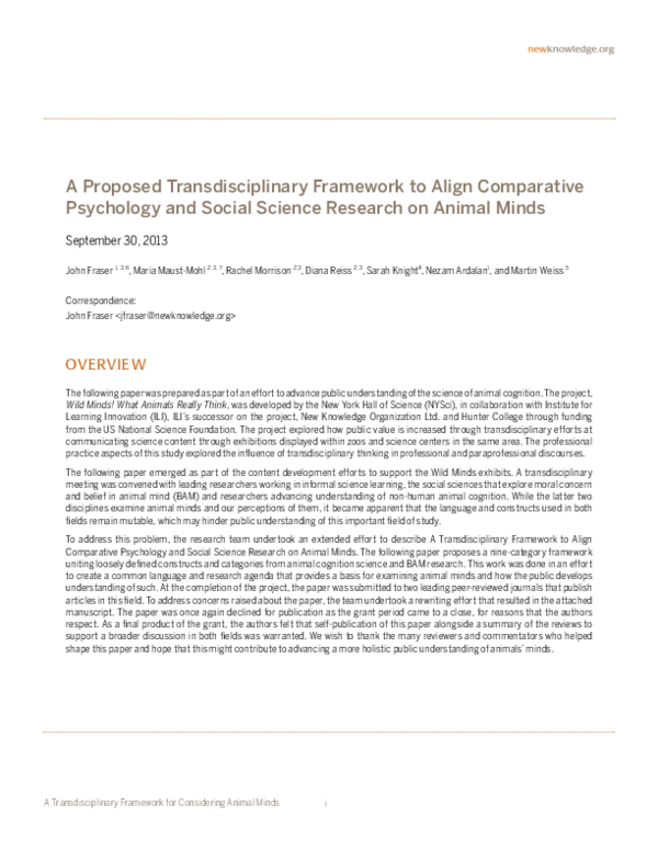 Transdisciplinary Framework to Align Research on Animal Minds