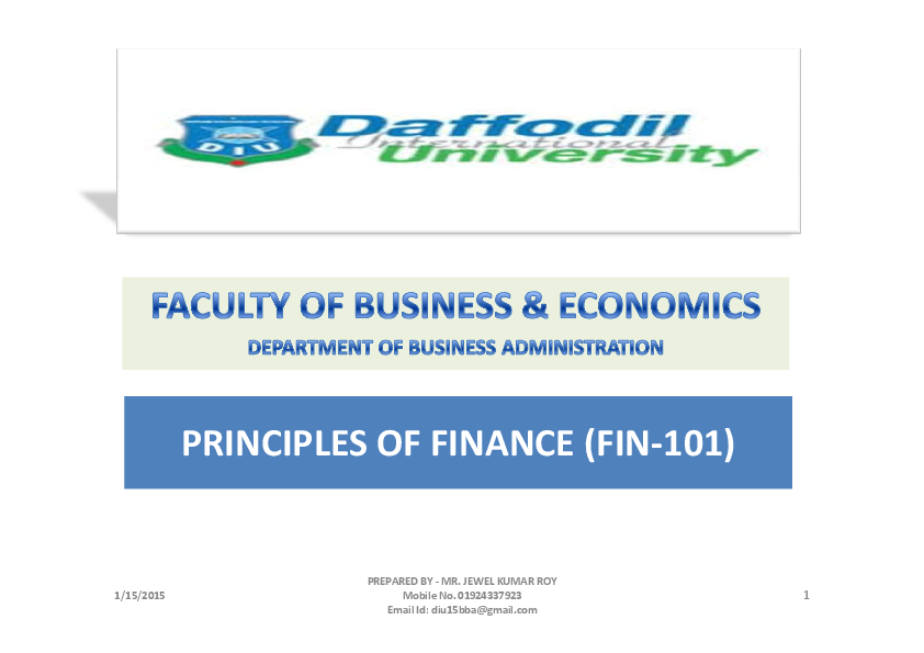(PDF) PRINCIPLES OF FINANCE - Lecture 01 (Introduction to Finance)
