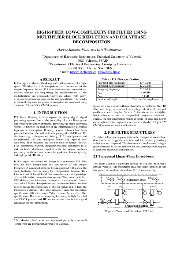(PDF) High-speed, low-complexity fir filter using multiplier block reduction and polyphase ...
