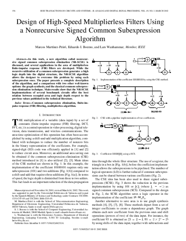 Pdf Design Of High Speed Multiplierless Filters Using A Nonrecursive