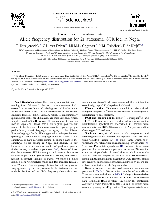 (PDF) Allele frequency distribution for 21 autosomal STR loci in Nepal