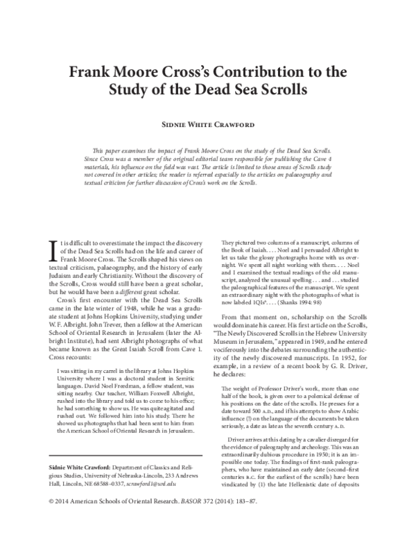 (PDF) Frank Moore Cross's Contribution to the Study of the Dead Sea Scrolls