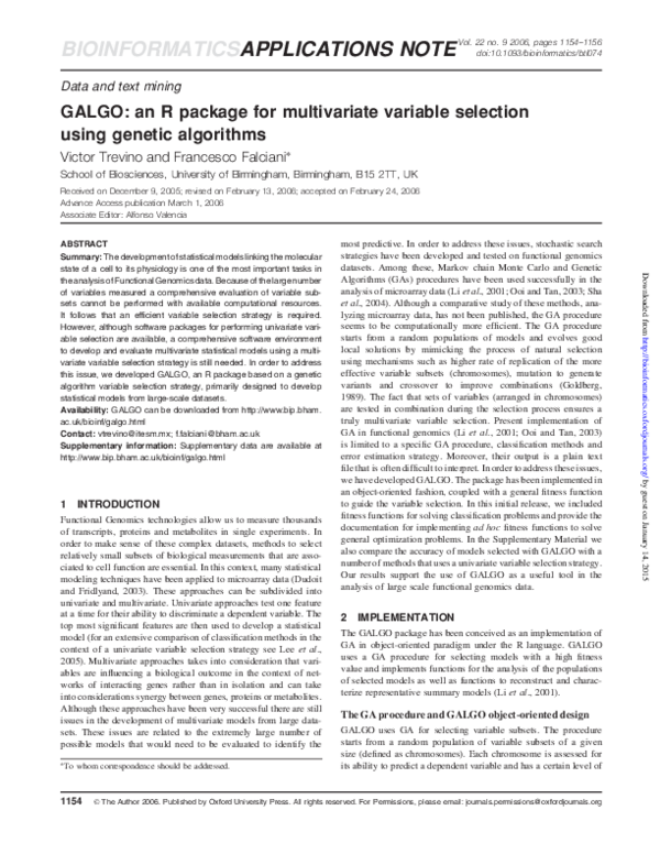 Pdf Galgo An R Package For Multivariate Variable Selection Using Genetic Algorithms