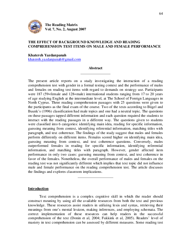 (PDF) The Effect of Background Knowledge and Reading Comprehension Test ...