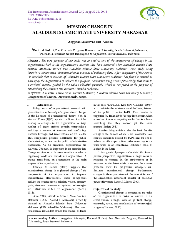 (PDF) MISSION CHANGE IN ALAUDDIN ISLAMIC STATE UNIVERSITY MAKASSAR