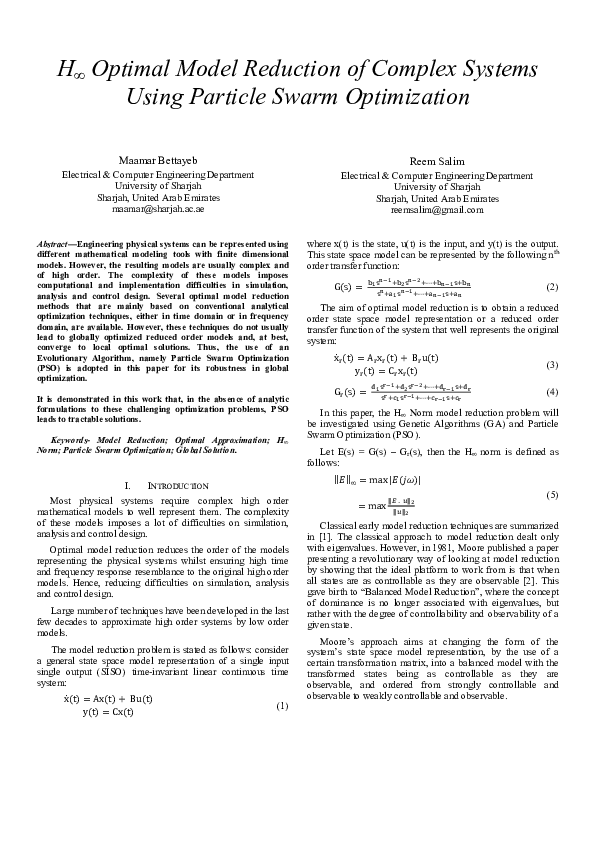Pdf H∞ Optimal Model Reduction Of Complex Systems Using Particle Swarm Optimization