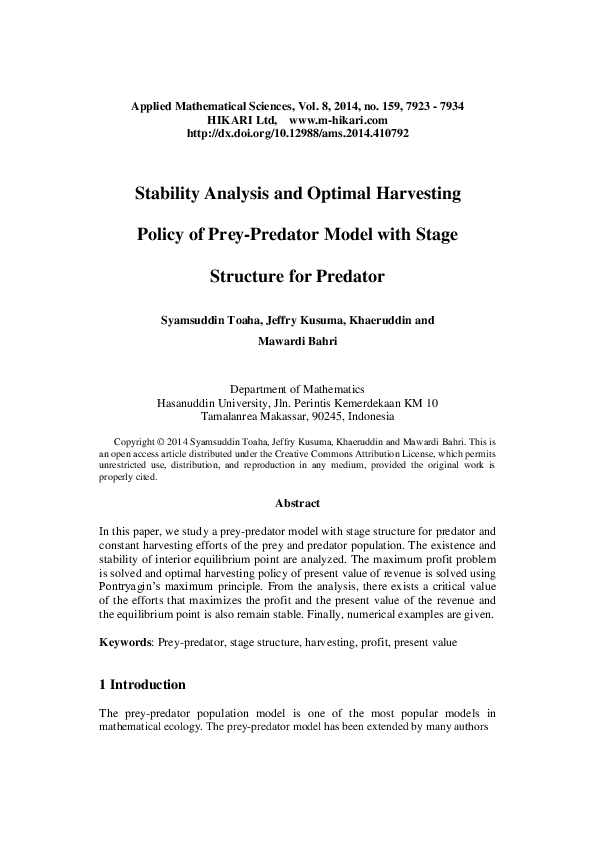 (PDF) Stability Analysis and Optimal Harvesting Policy of Prey-Predator Model with Stage ...