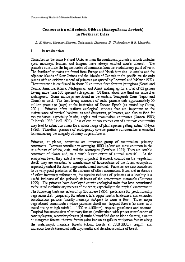 (PDF) Conservation of Hoolock Gibbon (Bunopithecus hoolock) in ...