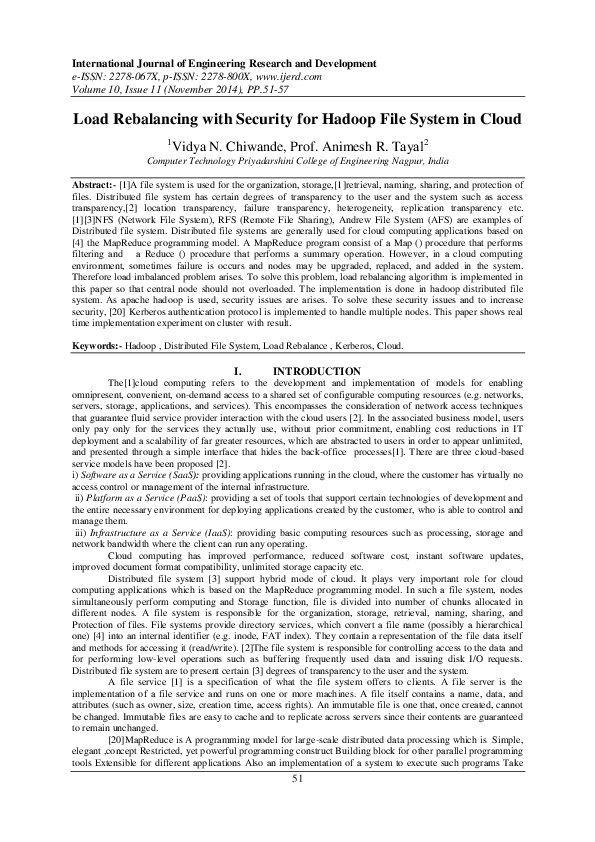 Pdf Load Rebalancing With Security For Hadoop File System In Cloud