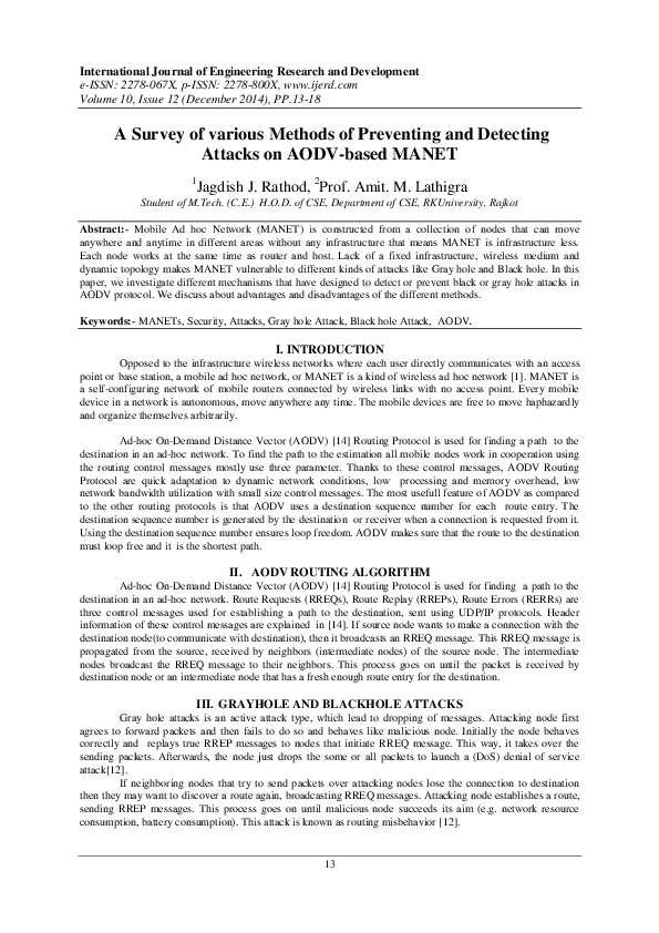 Pdf A Survey Of Various Methods Of Preventing And Detecting Attacks On Aodv Based Manet