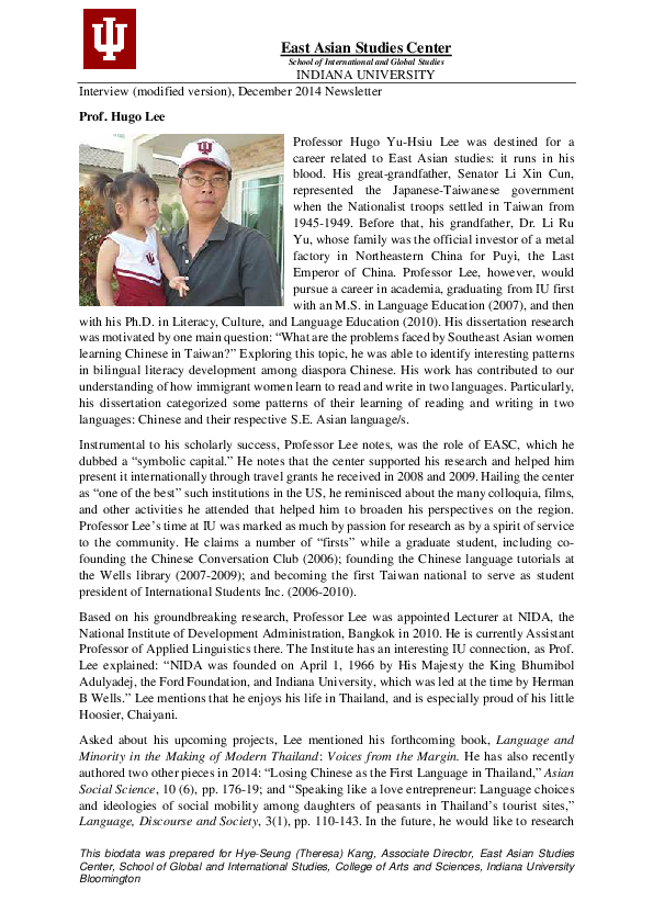 (PDF) Biodata of Asst Prof Hugo Yu-Hsiu Lee for the interview by East ...